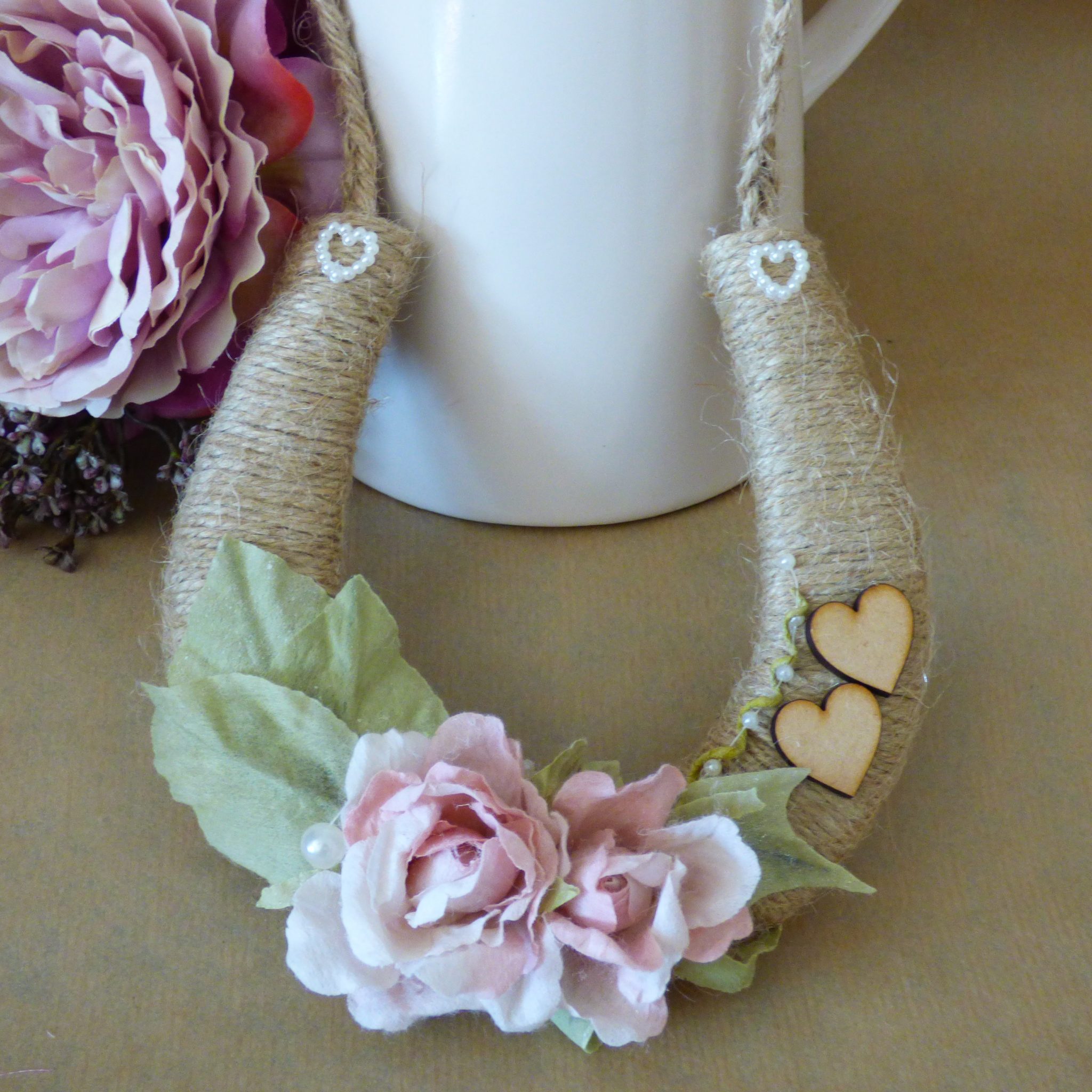 Personalised Wedding Horseshoe Rustic Twine with Pink Roses